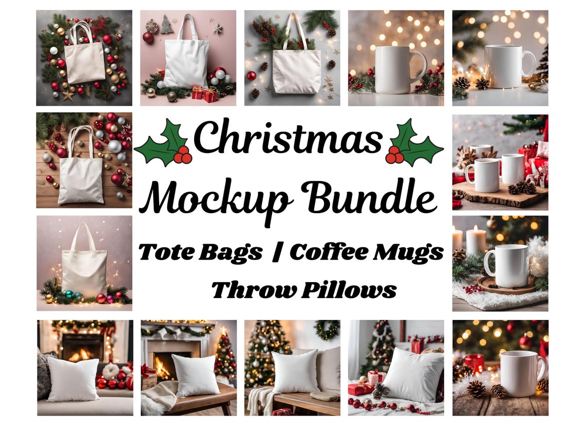 45 Piece Christmas Mockup Bundle, Including Pillow Mockup, Tote Bag ...