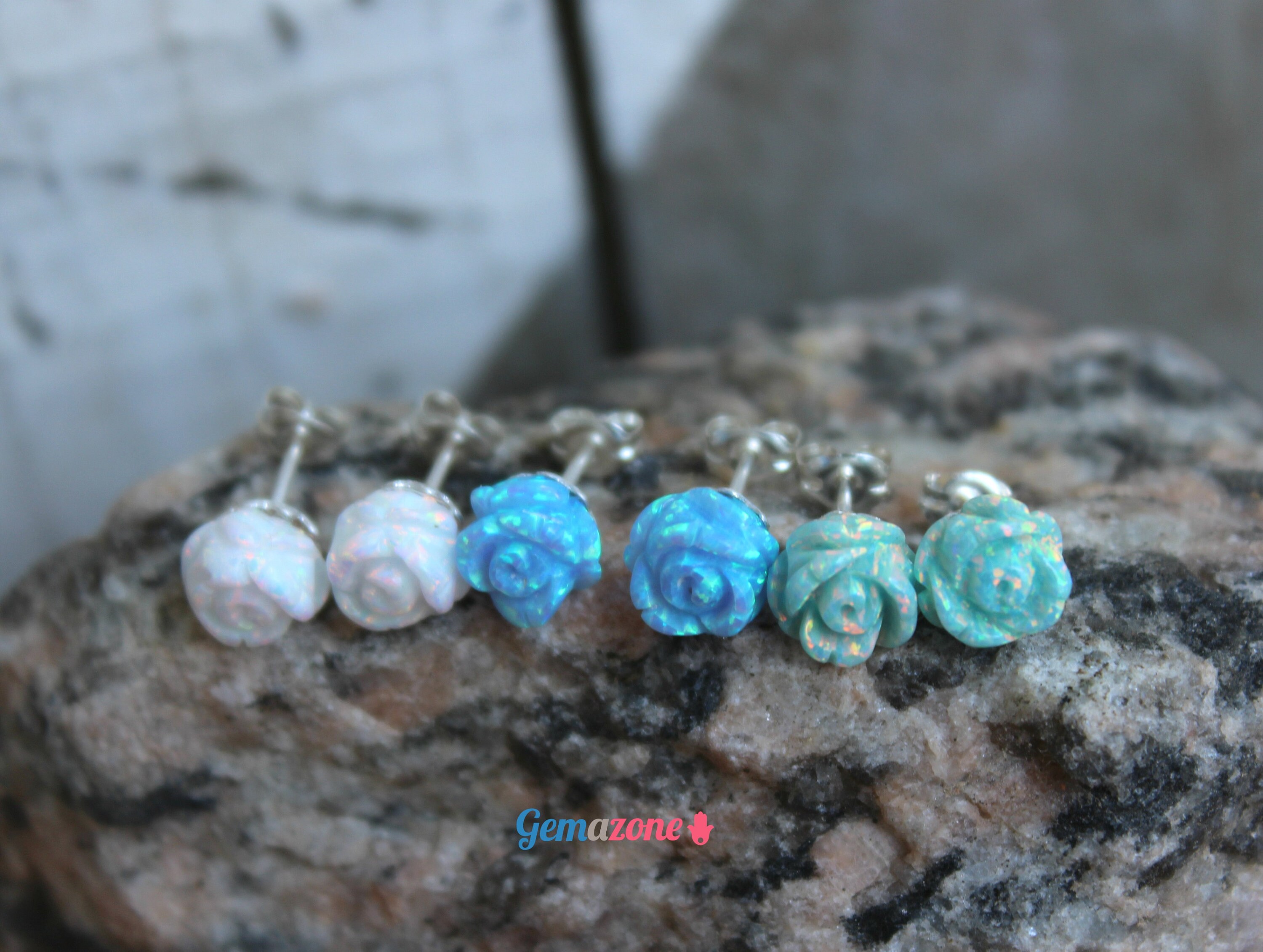 Flower Opal Earrings / Rose White Blue Mint Green Opal Stud | Etsy