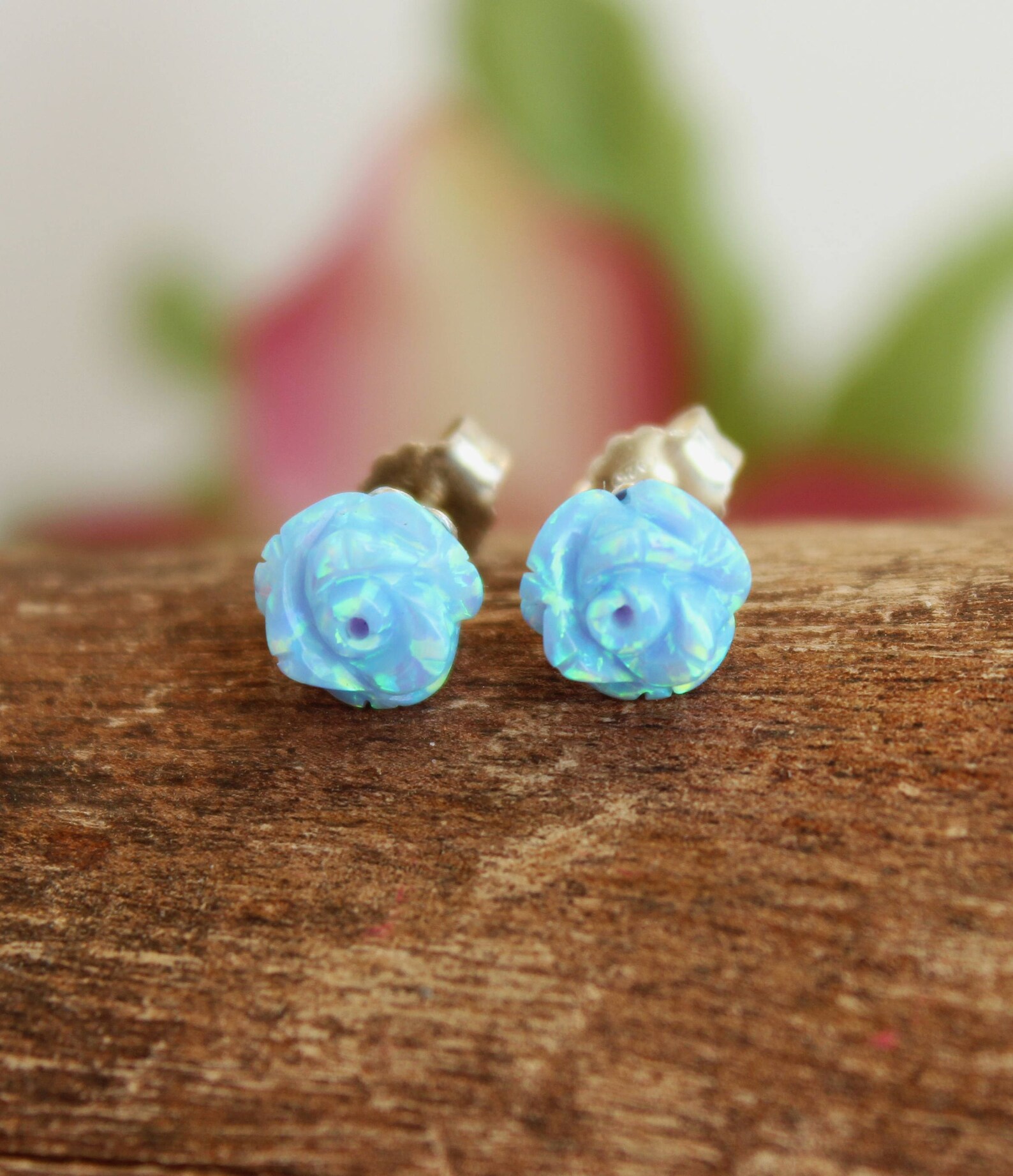 Flower Opal Earrings / Rose White Blue Aqua Opal Stud Earring - Etsy