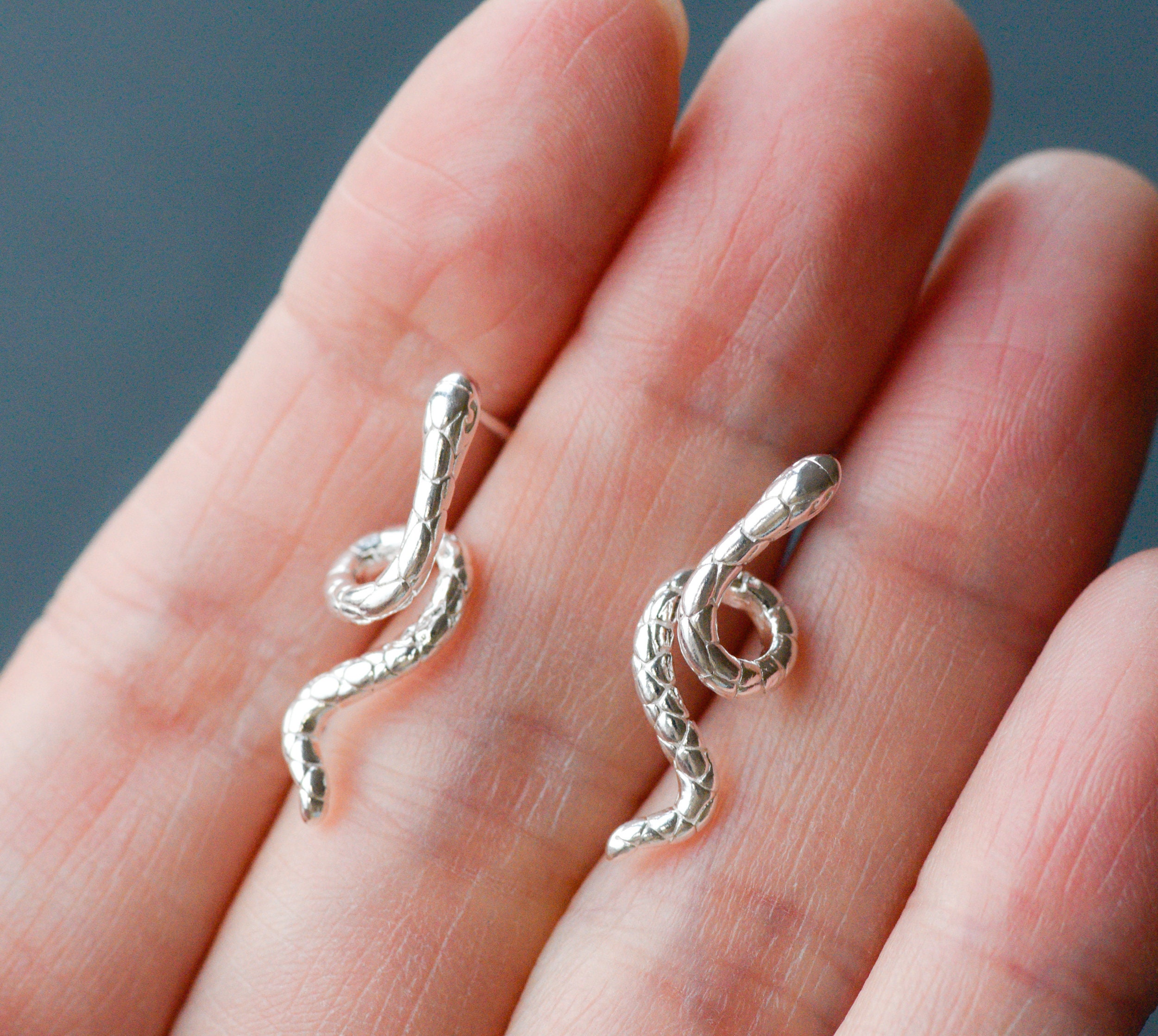 Sterling silver snake earrings dainty stud earrings silver | Etsy