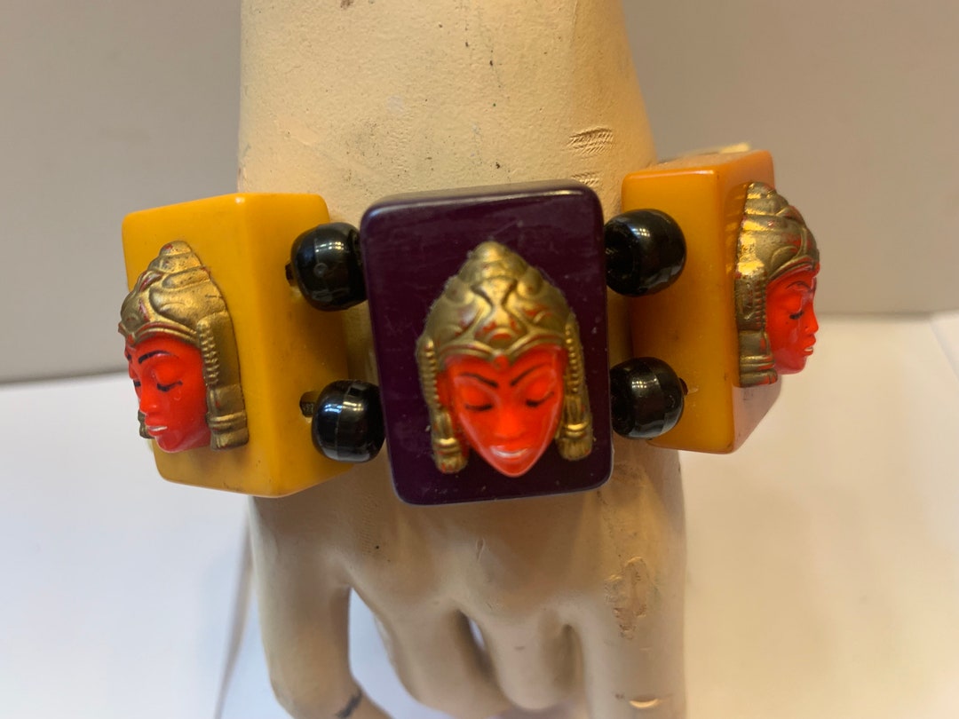 Carlin, Jan Signed Glass Cabochon Princess, Bakelite Tile Bracelet - Etsy