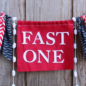 RACE CAR Birthday Highchair Banner Fast ONE Red & Black, Checkered Flag ...