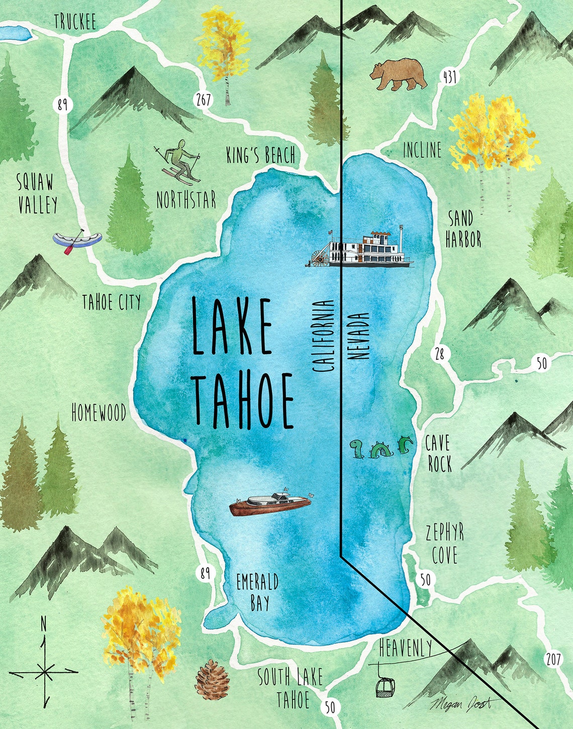 Lake Tahoe Map Watercolor Print - Etsy