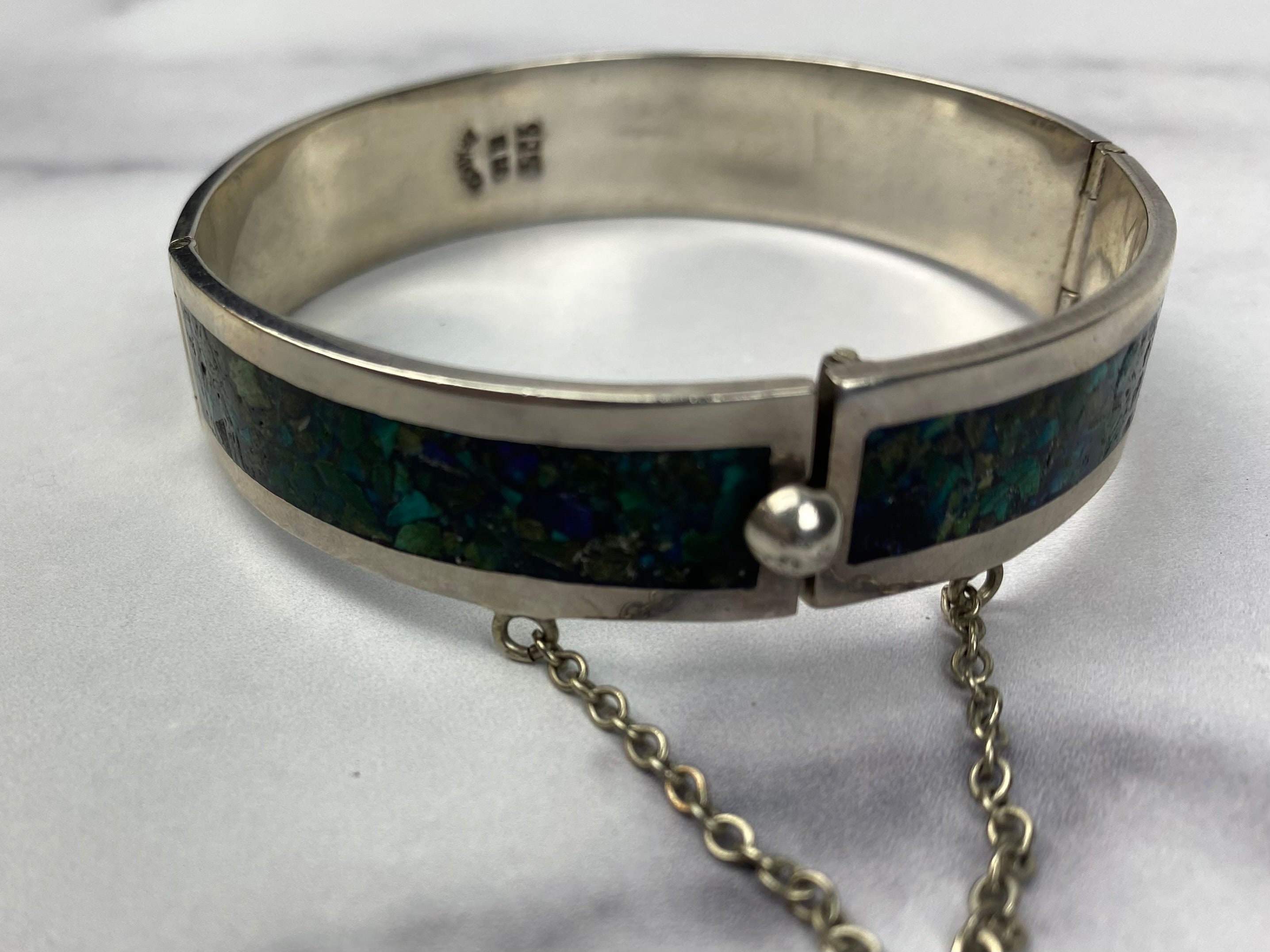 Inlaid Turquoise and Sterling Silver Bracelet Made in Mexico Vintage ...