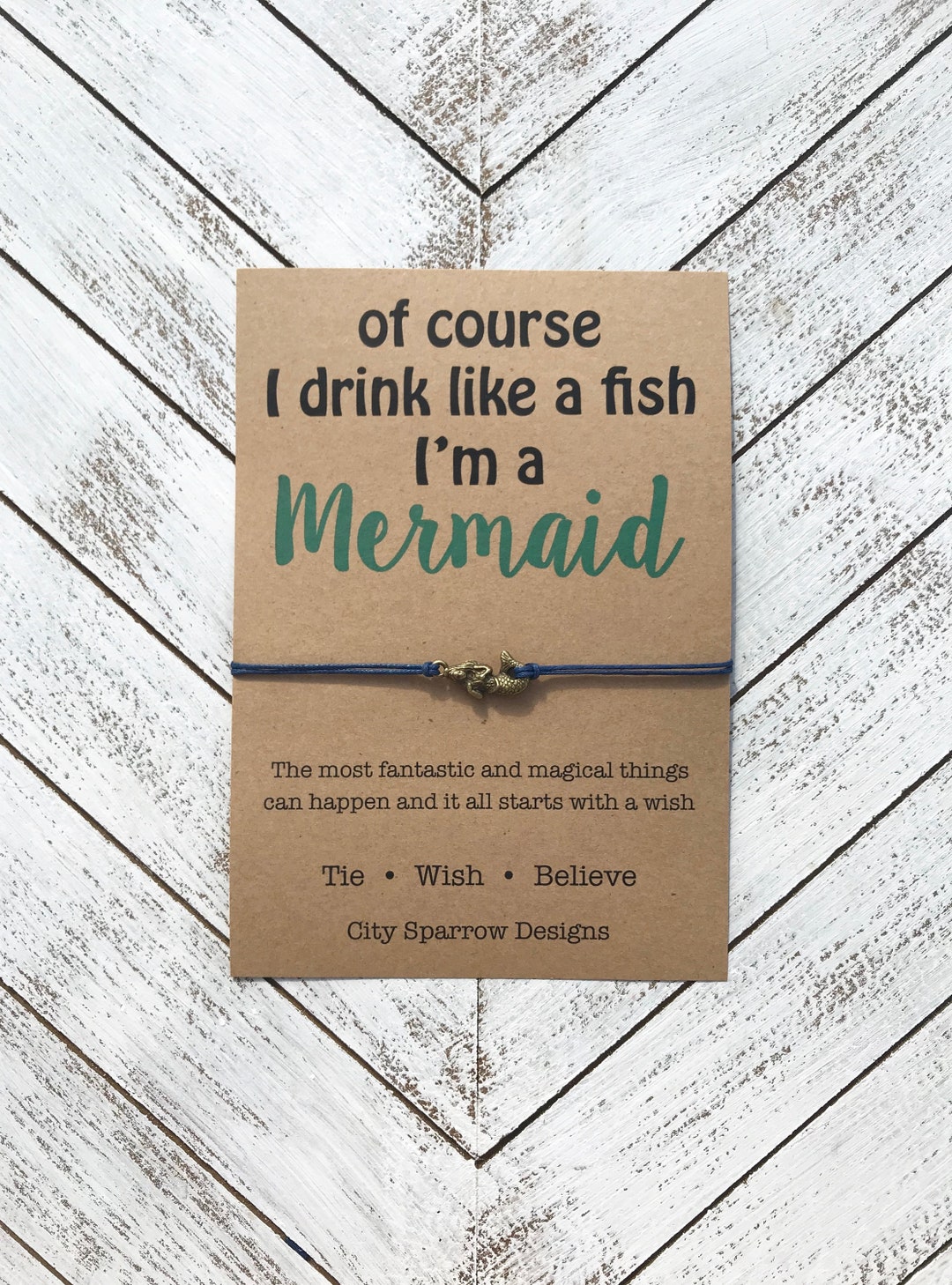 Mermaid Wish Bracelet on a 1mm Wax Cotton Cord. Includes 23mmx12mm Zinc ...