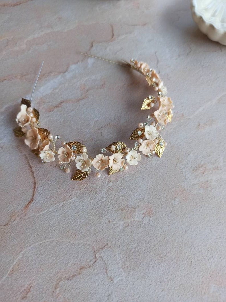 Modern Pastel Boho Headpiece for Bride Wedding Peach Floral - Etsy