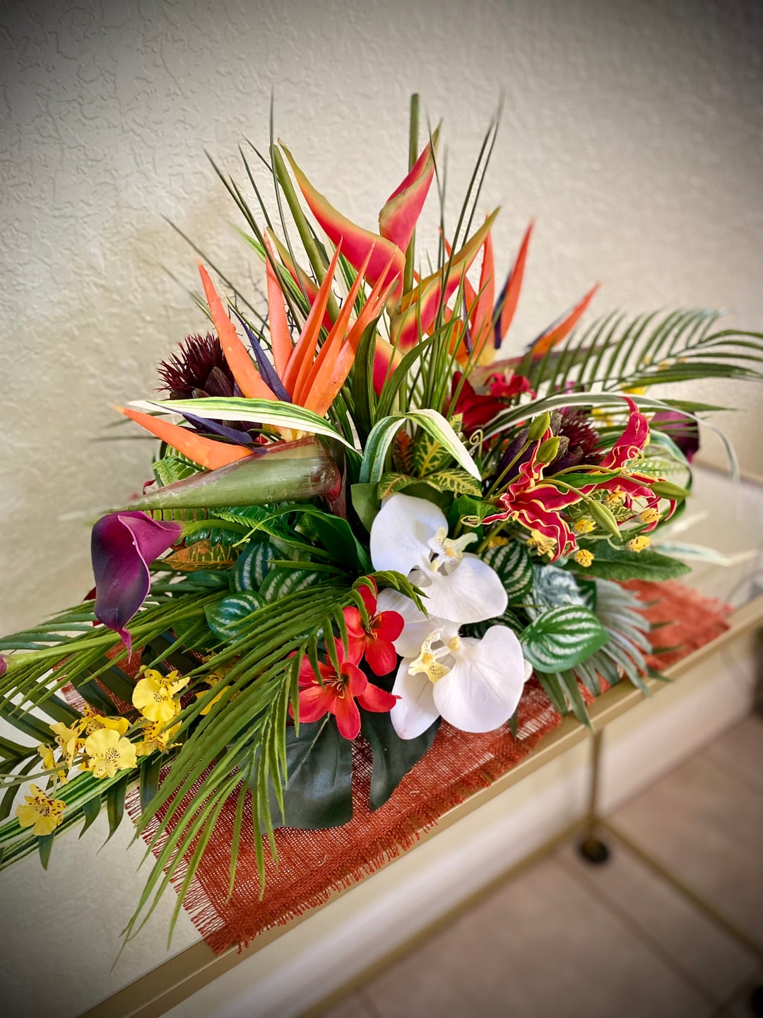 Heliconia and Coral Fan Faux Floral Centerpiece, Tropical Arrangement ...