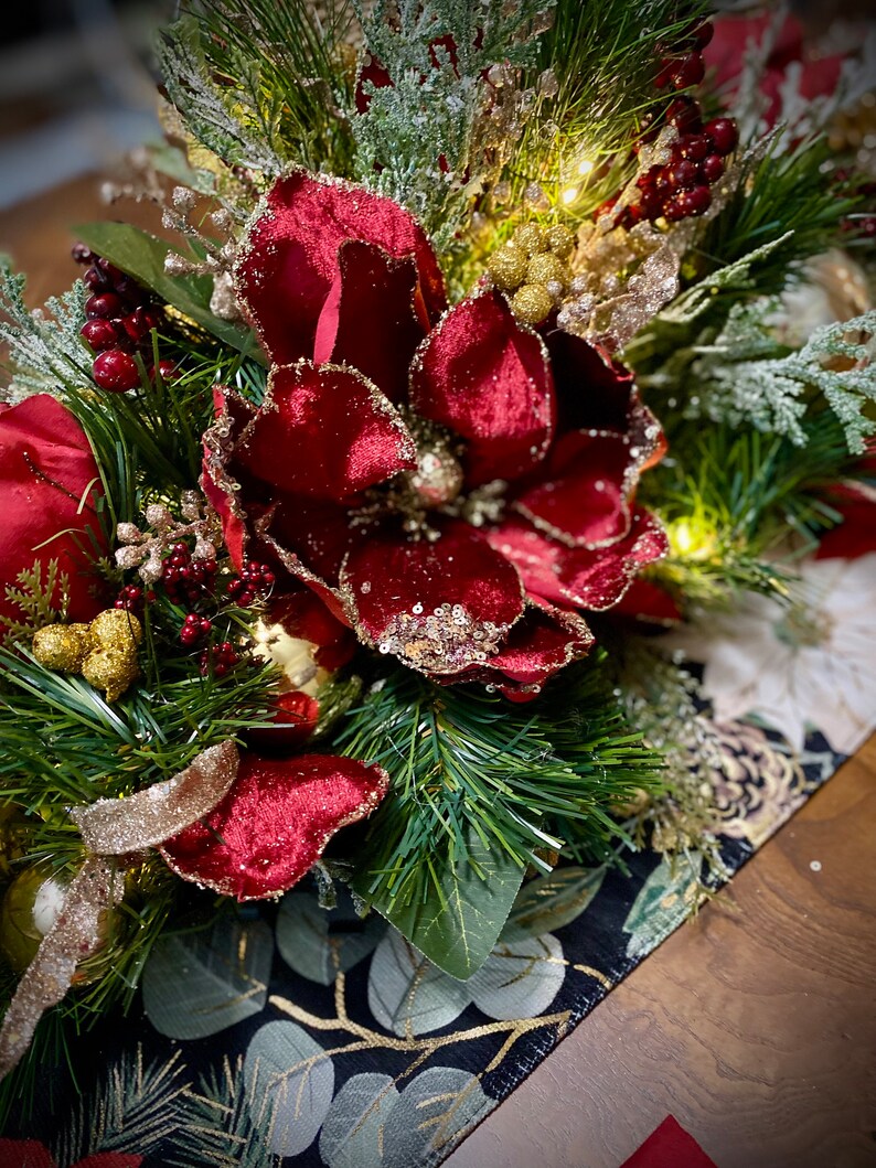 Velvet Wine Red Magnolia Holiday Centerpiece, LED Lights & Timer - Etsy