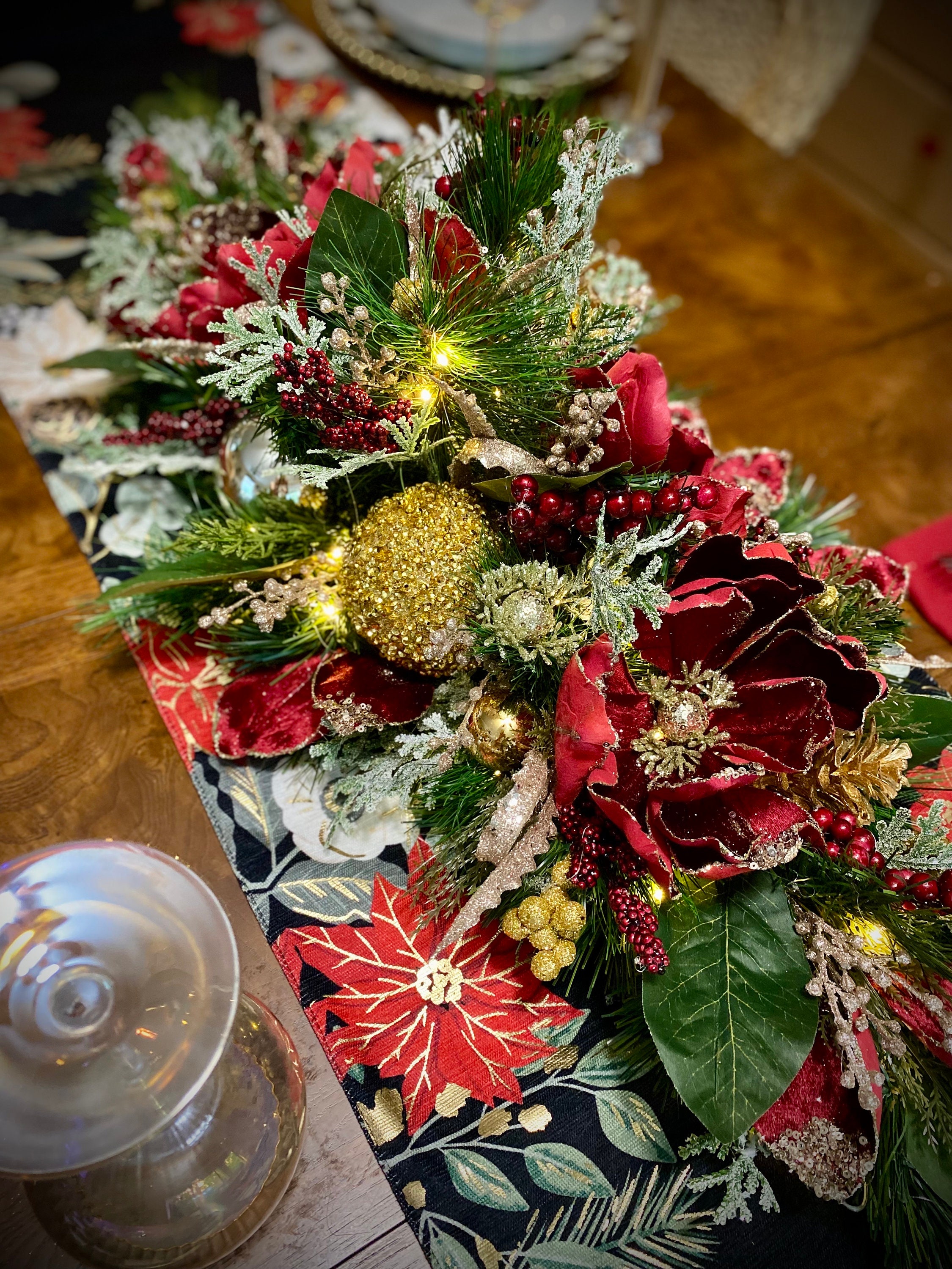 Velvet Wine Red Magnolia Holiday Centerpiece, LED Lights & Timer - Etsy