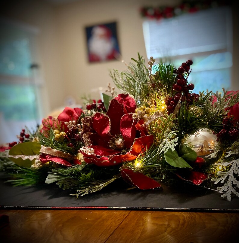 Velvet Wine Red Magnolia Holiday Centerpiece, LED Lights & Timer - Etsy