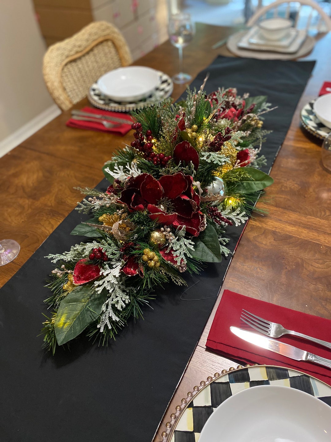 Velvet Wine Red Magnolia Holiday Centerpiece, LED Lights & Timer - Etsy