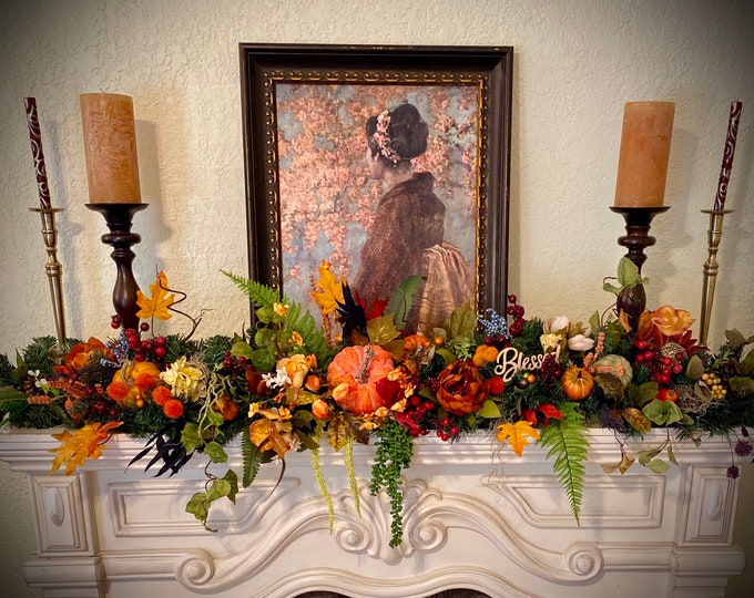 Deluxe Fall Mantle Centerpiece/ 5.'5" Garland, Adorable Pumpkin and ...