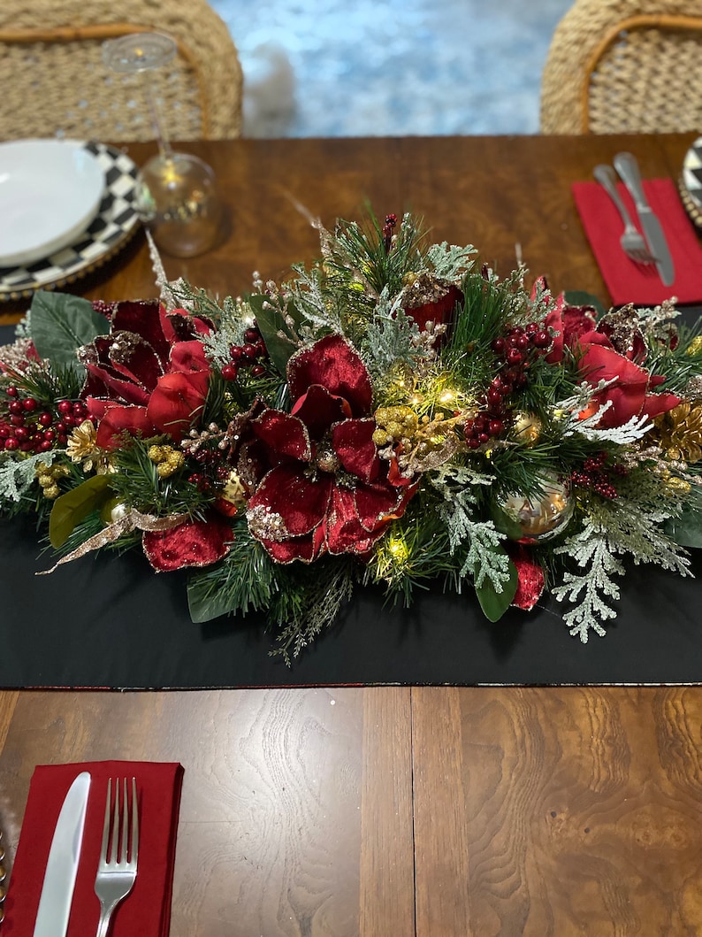 Velvet Wine Red Magnolia Holiday Centerpiece, LED Lights & Timer - Etsy