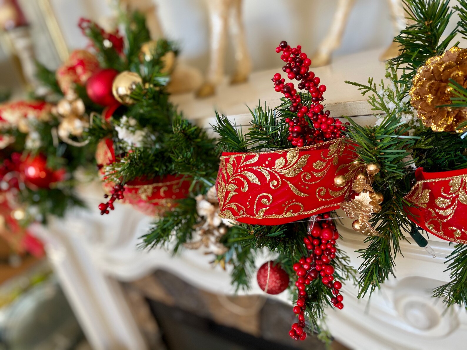 Christmas Garland. Red Velvet Ribbon With Gold Trimmings/ - Etsy