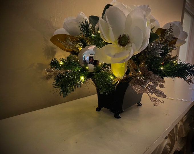 XL White Magnolia Centerpiece, Lighted Holiday Decor, Free Shipping ...