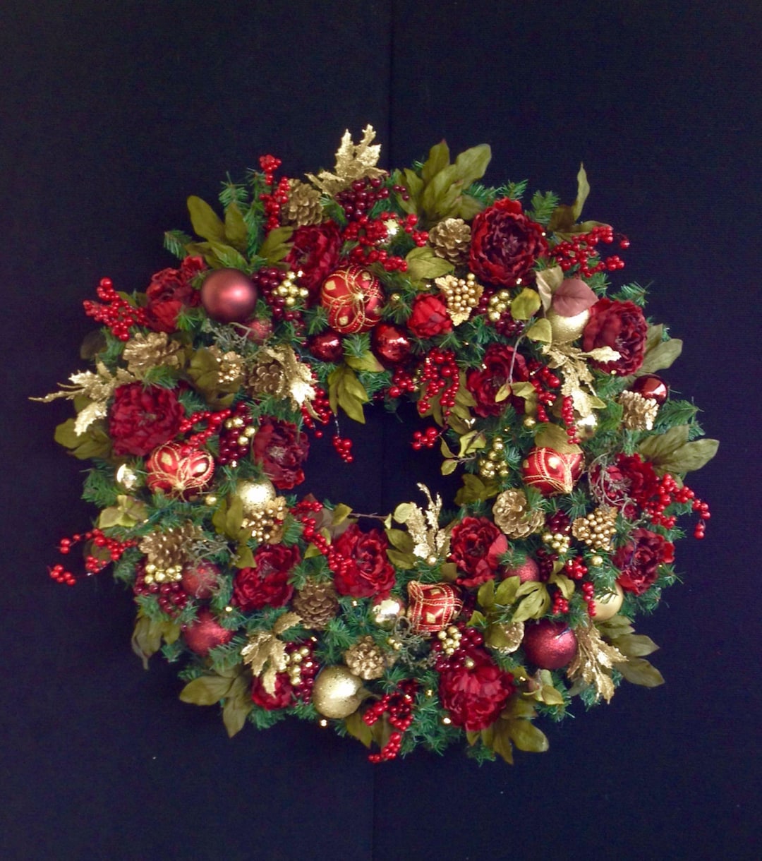 XL 36" Red Christmas Wreath,wreaths, Pre Lit LED Cordless Light, Ruby Red, Gold, Peony Mix ...