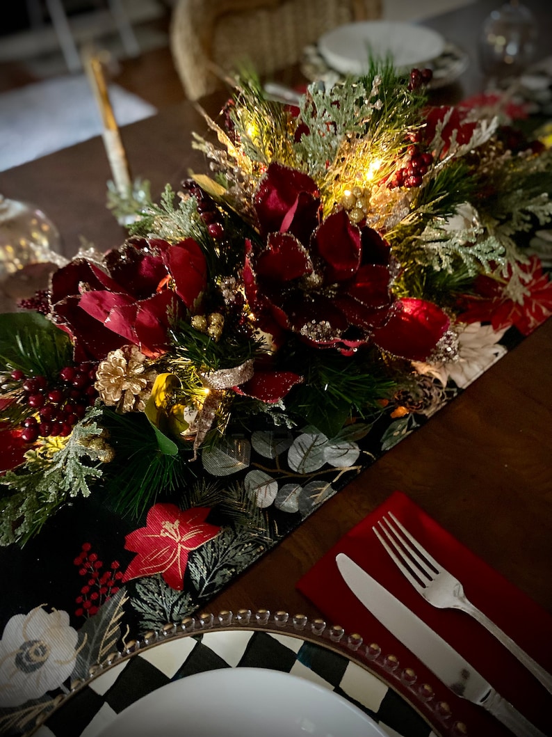 Velvet Wine Red Magnolia Holiday Centerpiece, LED Lights & Timer - Etsy