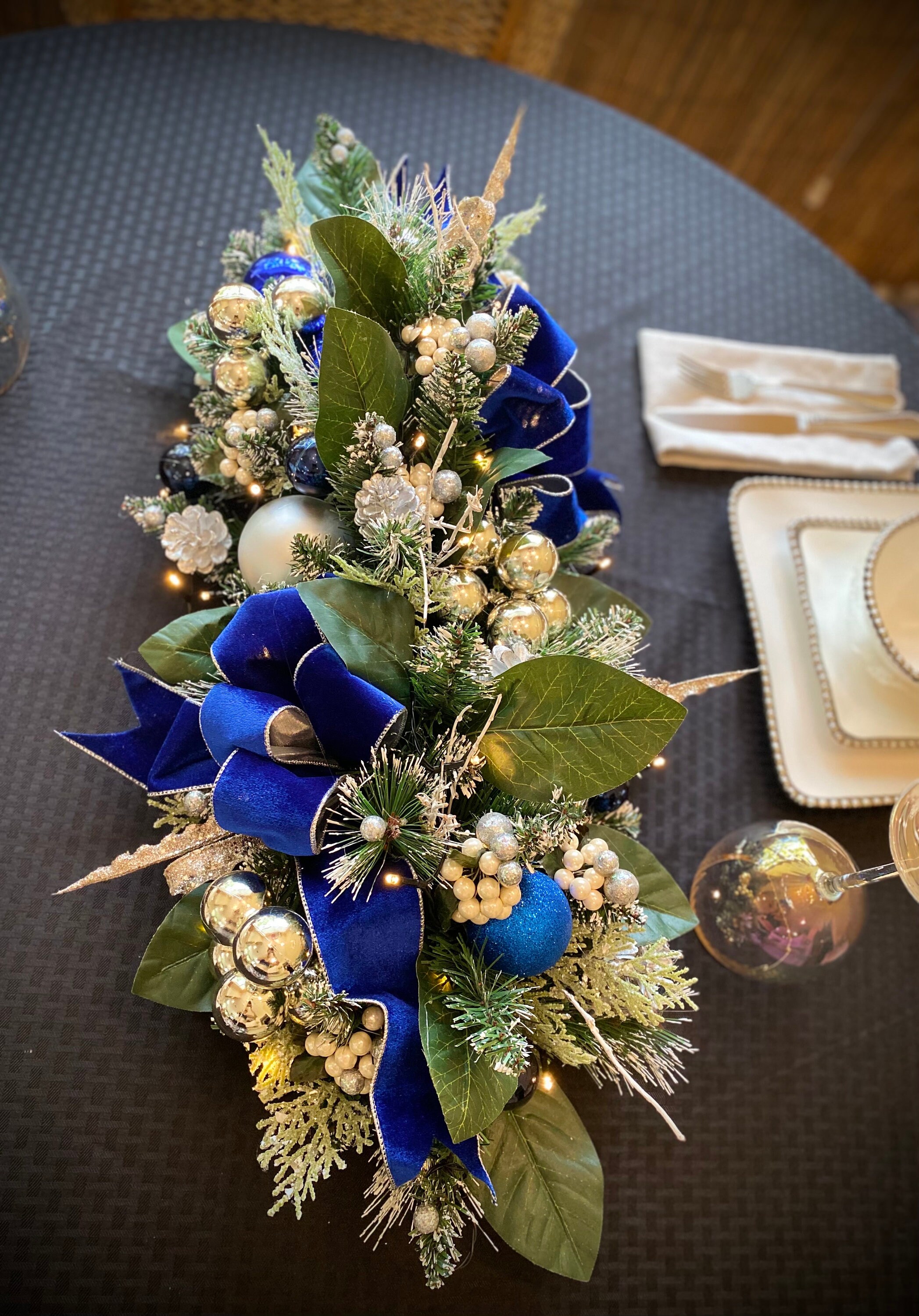 Blue Velvet Holiday Table Runner With Silver Trim, LED Lights - Etsy