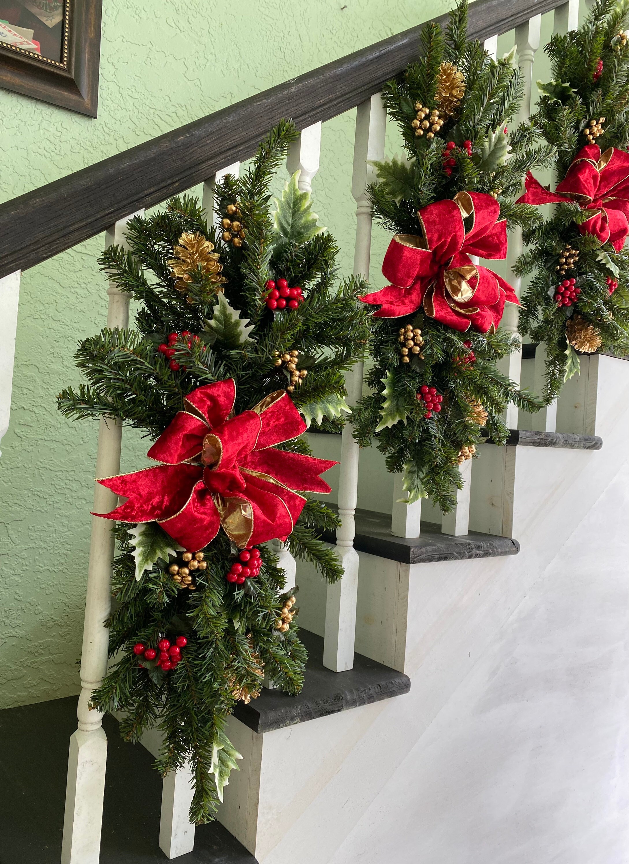 3 Pc Set Christmas Swag for Stairs, Pre Lit With Automatic Timer 6 ...