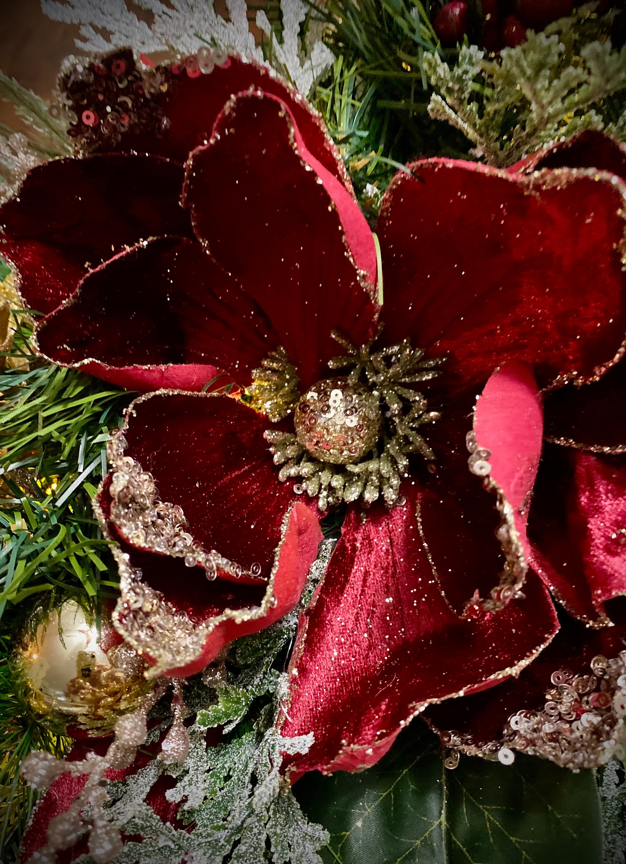Velvet Wine Red Magnolia Holiday Centerpiece, LED Lights & Timer - Etsy
