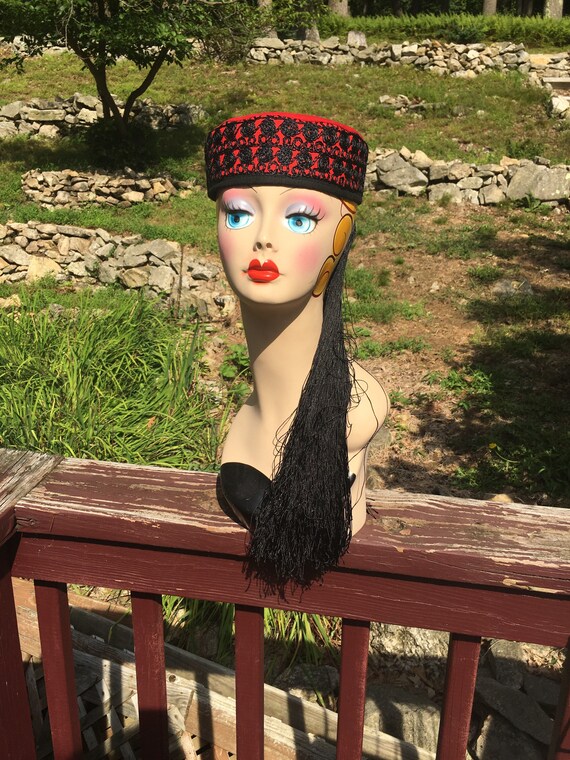 Fabulous Black and Red Pill Box Style Lace Hat With Fringe - Etsy