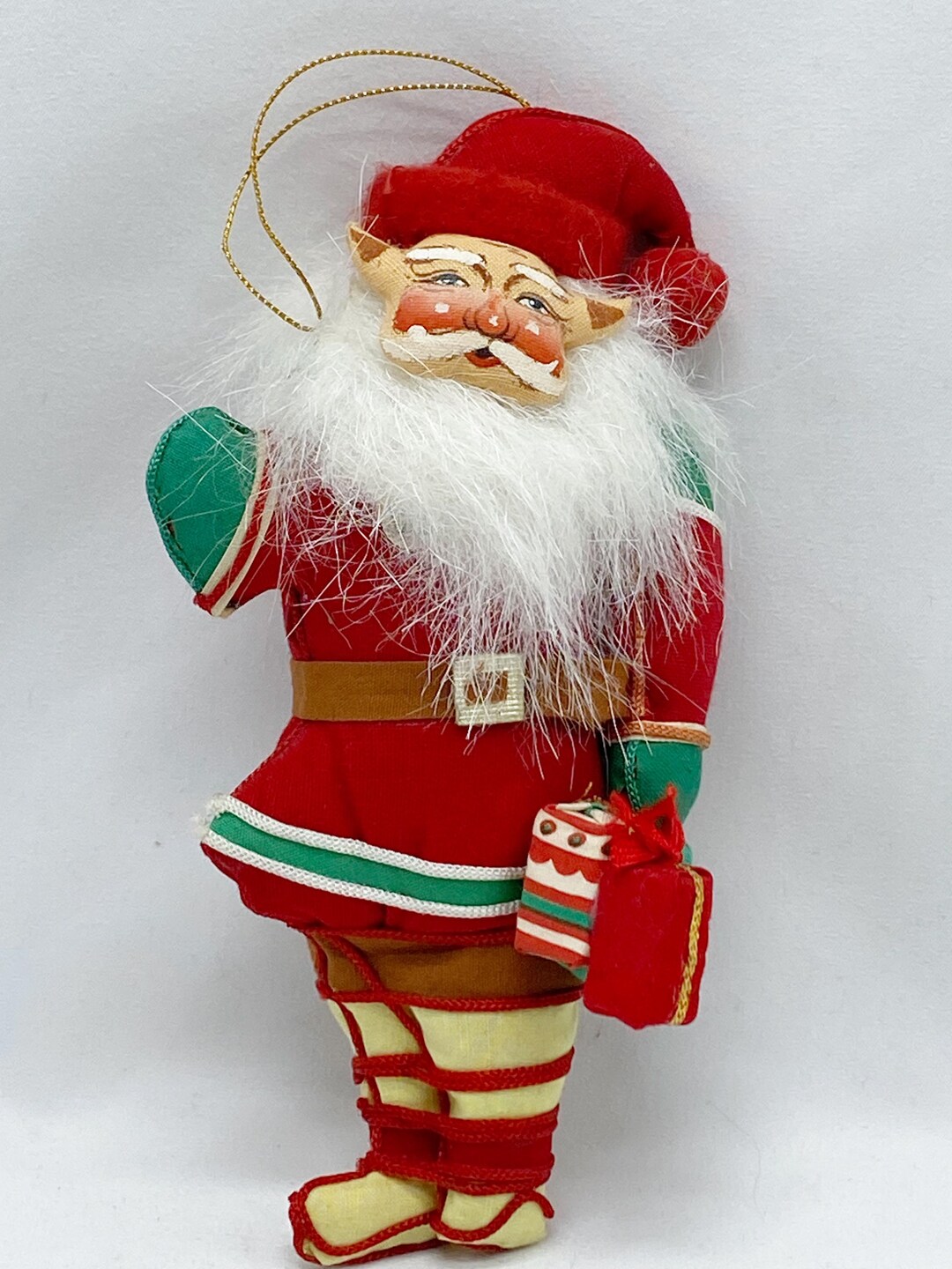 Gift Giving Elf Vintage Christmas Plush Fabric Ornament Hand Painted ...