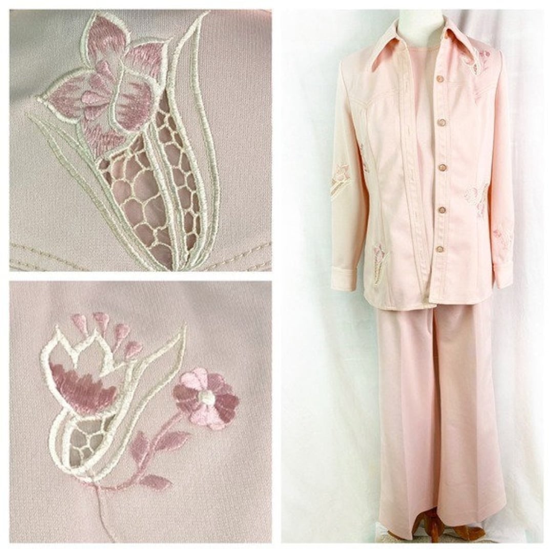 Vintage Early 60s Pastel Pink Pant Suit Floral Embroidery 3 Pc Set ...