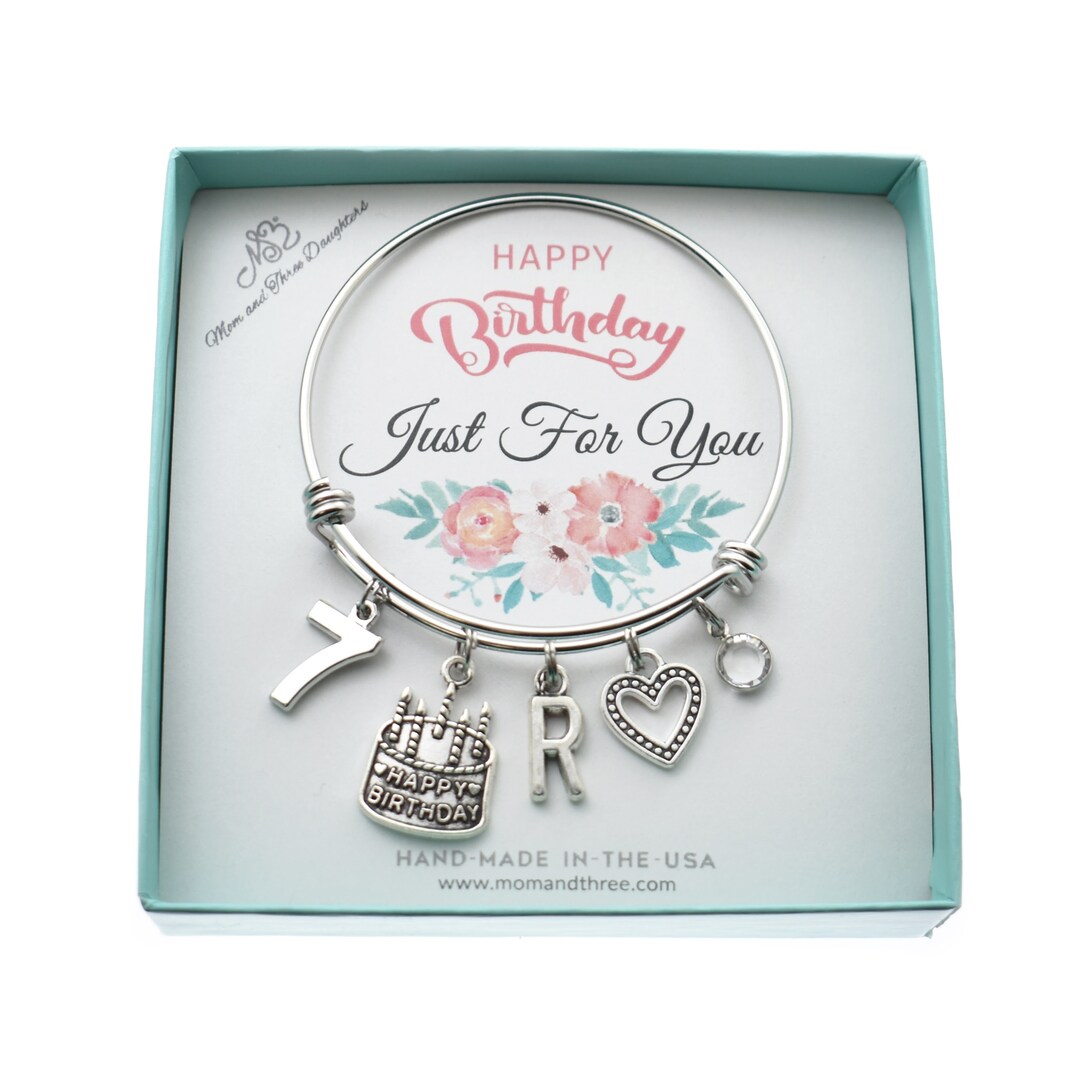 Personalized 7th Birthday Bracelet: Initial & Birthstone Charm Bangle ...