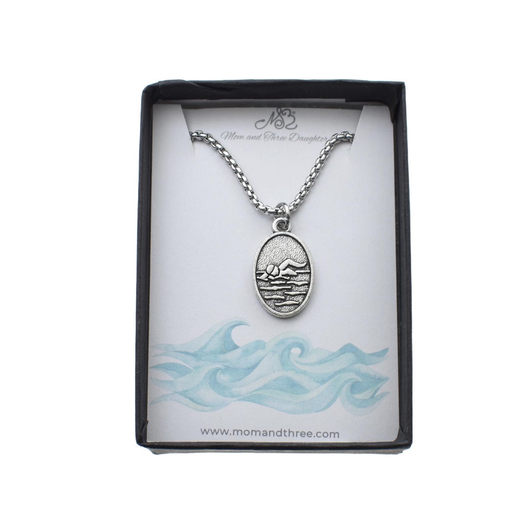 Swimmer Charm Necklace – Stainless Steel Oxidized Chain With Silver ...