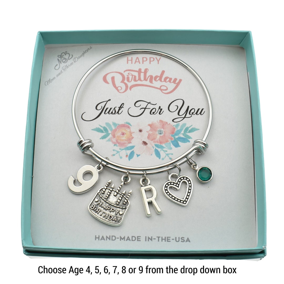 9th Birthday Bracelet: Personalized Initial, Birthstone Charm Bangle - Etsy