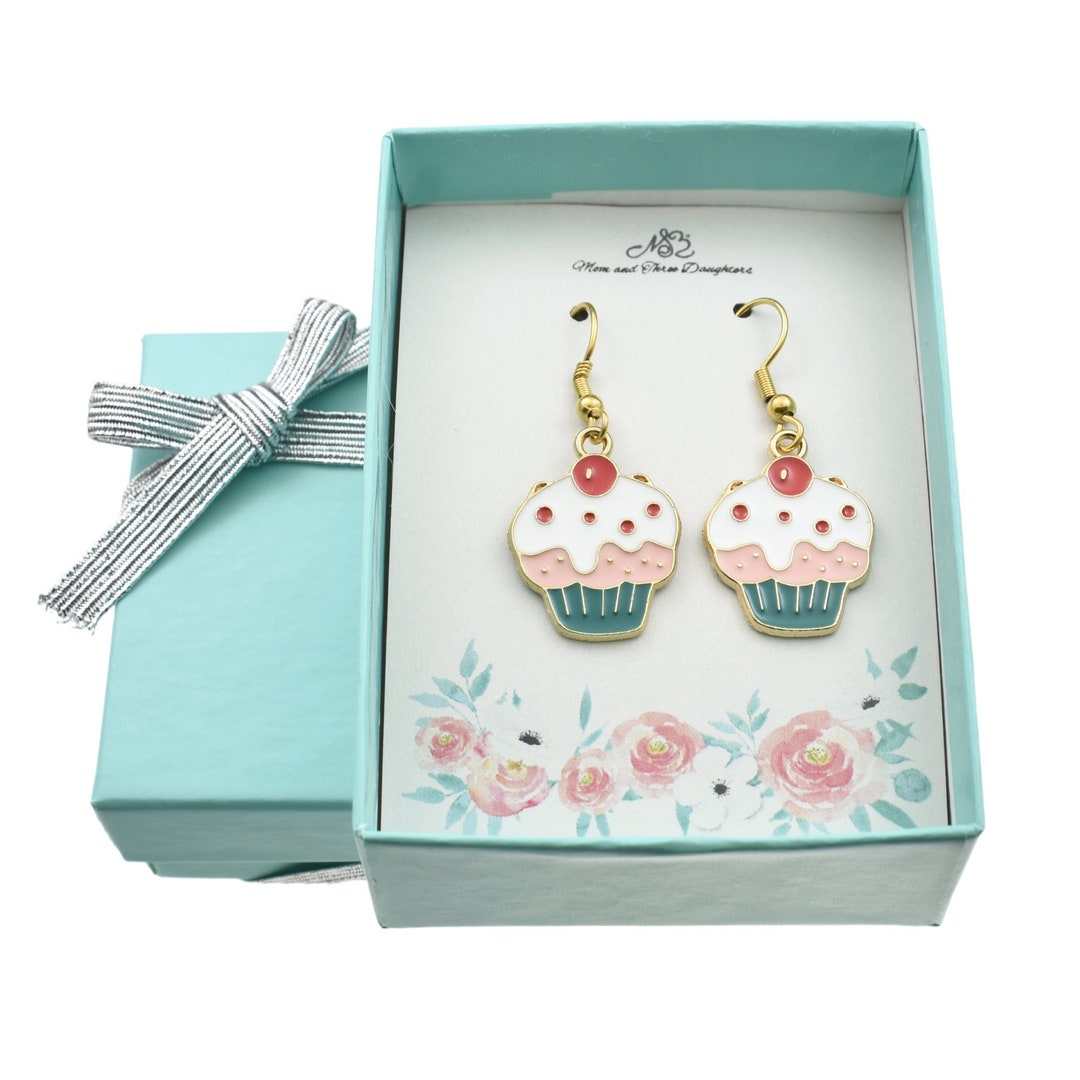 Cupcake Dangle Earrings: Gold Tone Enamel, Hypoallergenic Steel - Etsy