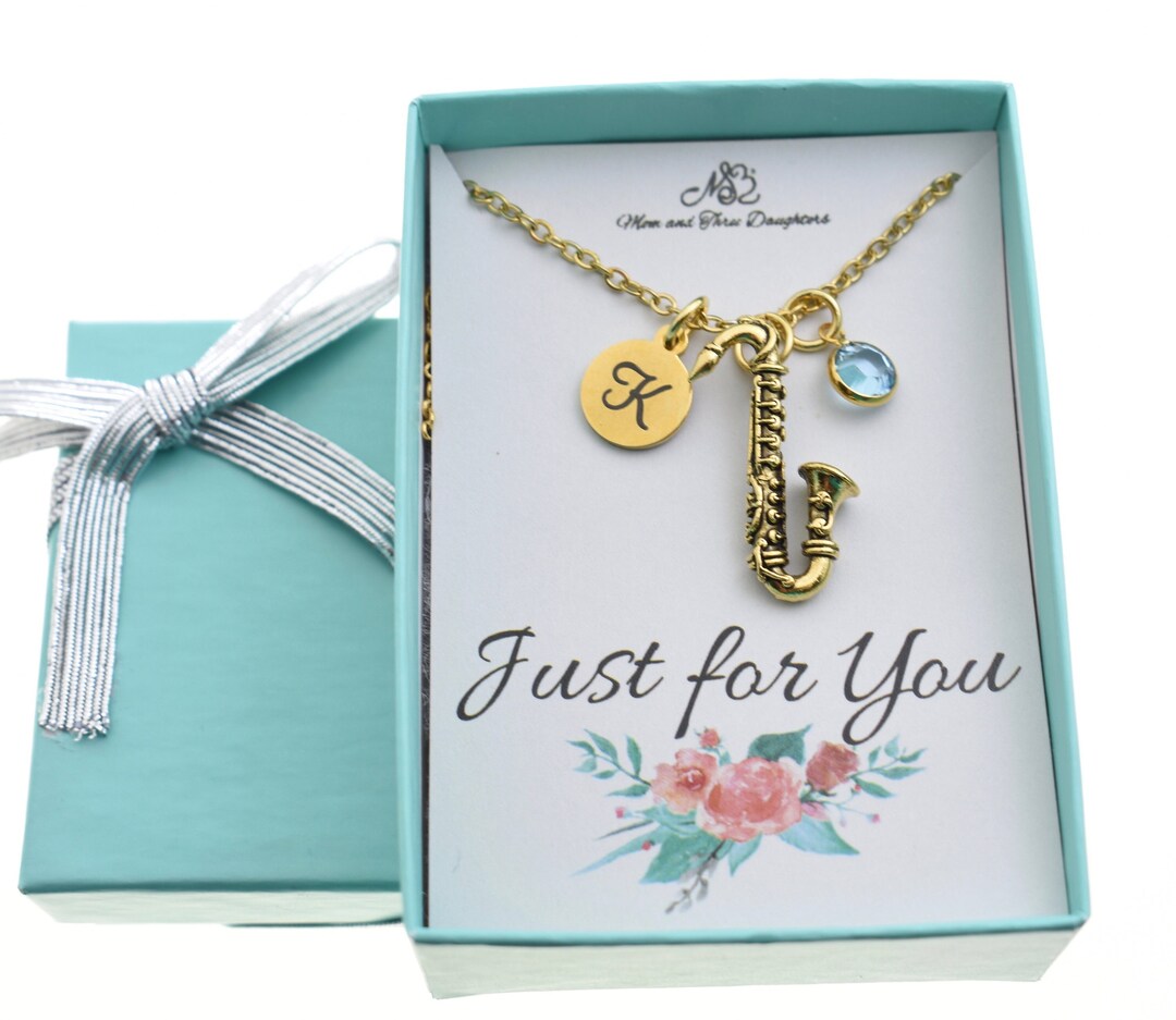 Saxophone Charm Necklace With Initial and Birthstone. Stainless Steel ...