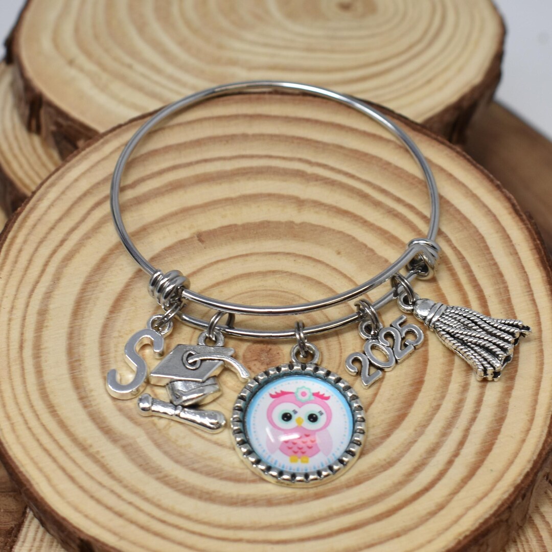 Personalized Graduation Bangle Bracelet: Owl, Initial Charm, Stainless ...
