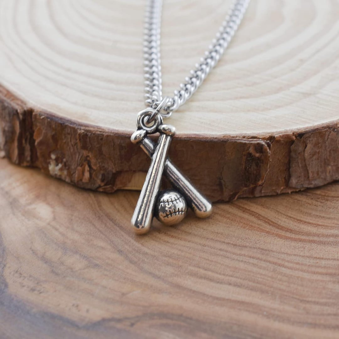 Baseball Bat & Ball Necklace. Stainless Steel Charm Pendant. 3mm Chain ...
