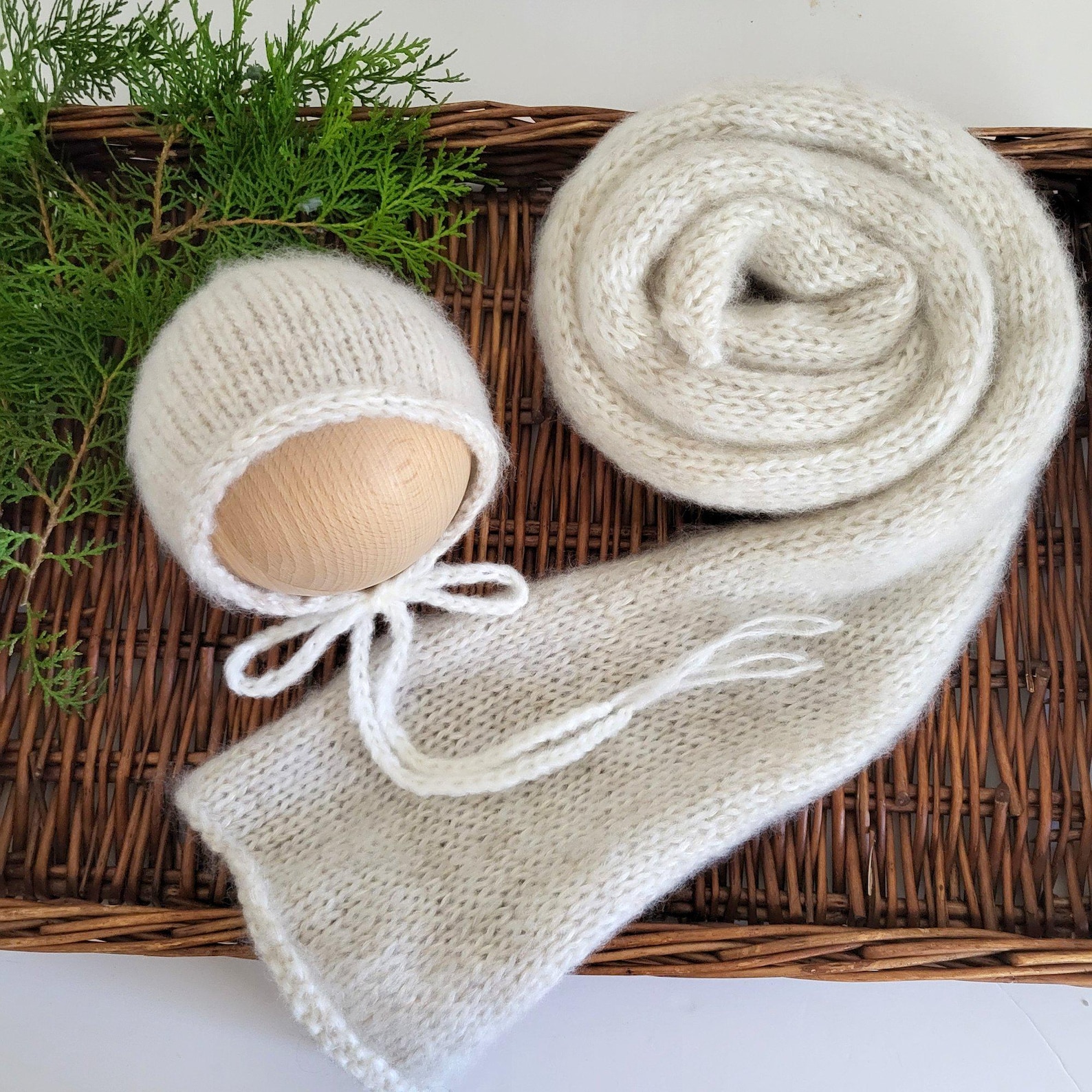 Newborn Photo Prop Set: Knit Alpaca Wrap & Bonnet, Three Hat Options - Etsy