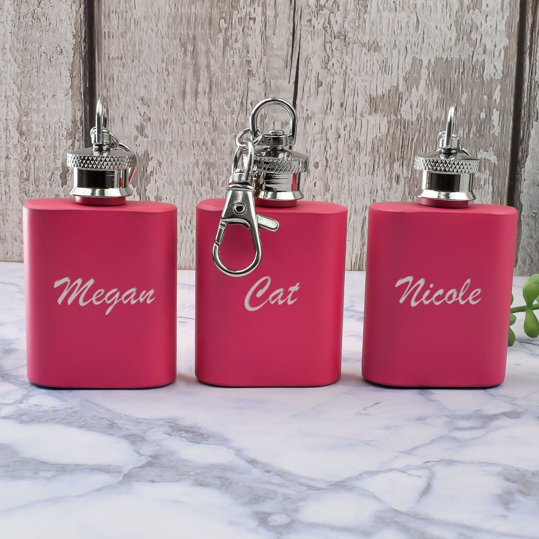 Pink Personalised Engraved Stainless Steel Key Ring 1oz Hip Flask Key ...