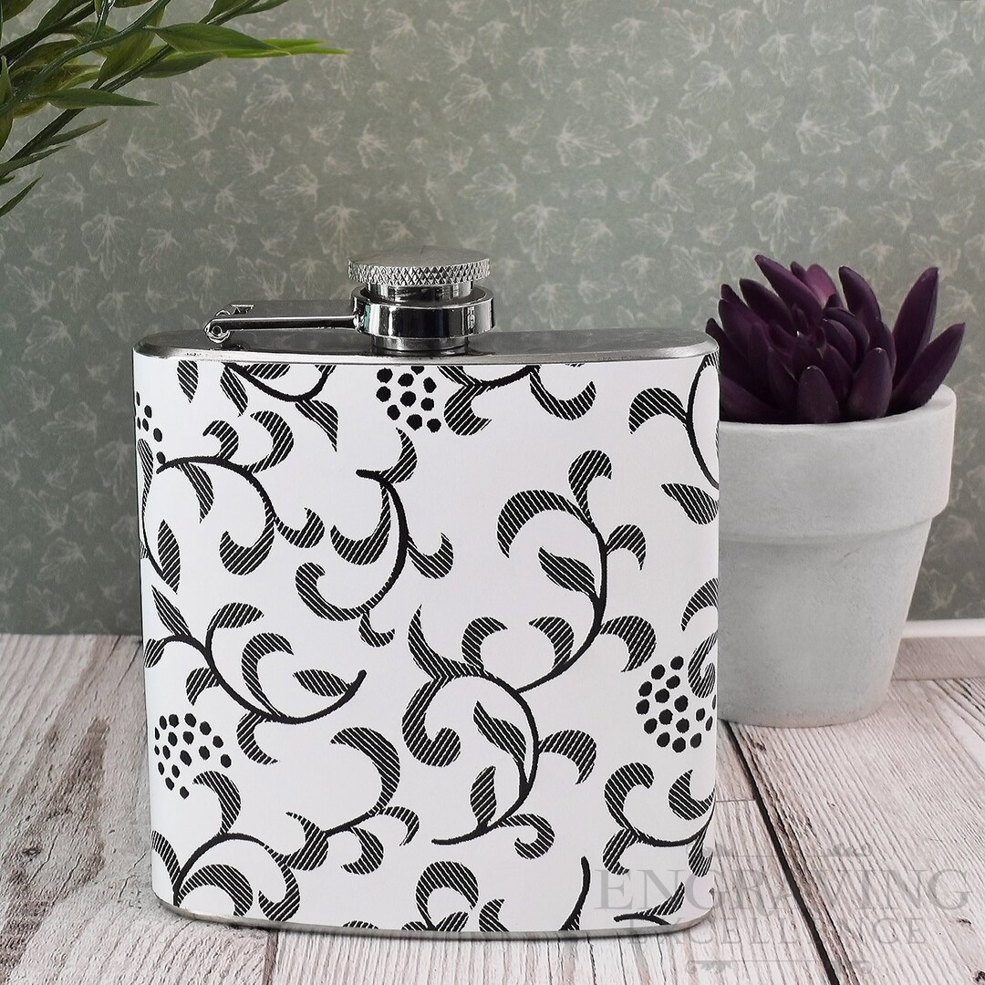 6oz Hip Flask Wrapped in White Floral Vinyl Hip Flask Gift, Wedding ...