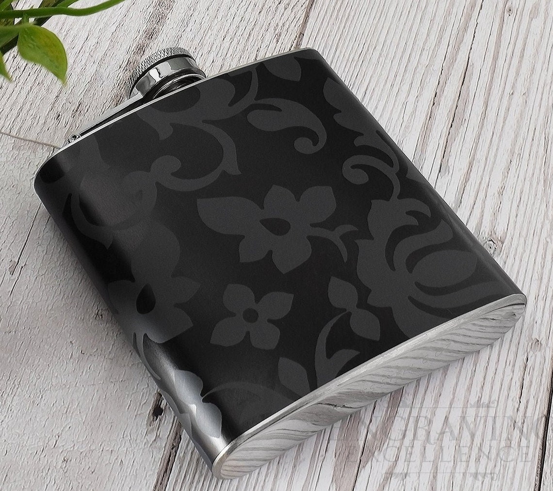 6oz Hip Flask Wrapped in Black Floral Vinyl Wedding Thank - Etsy