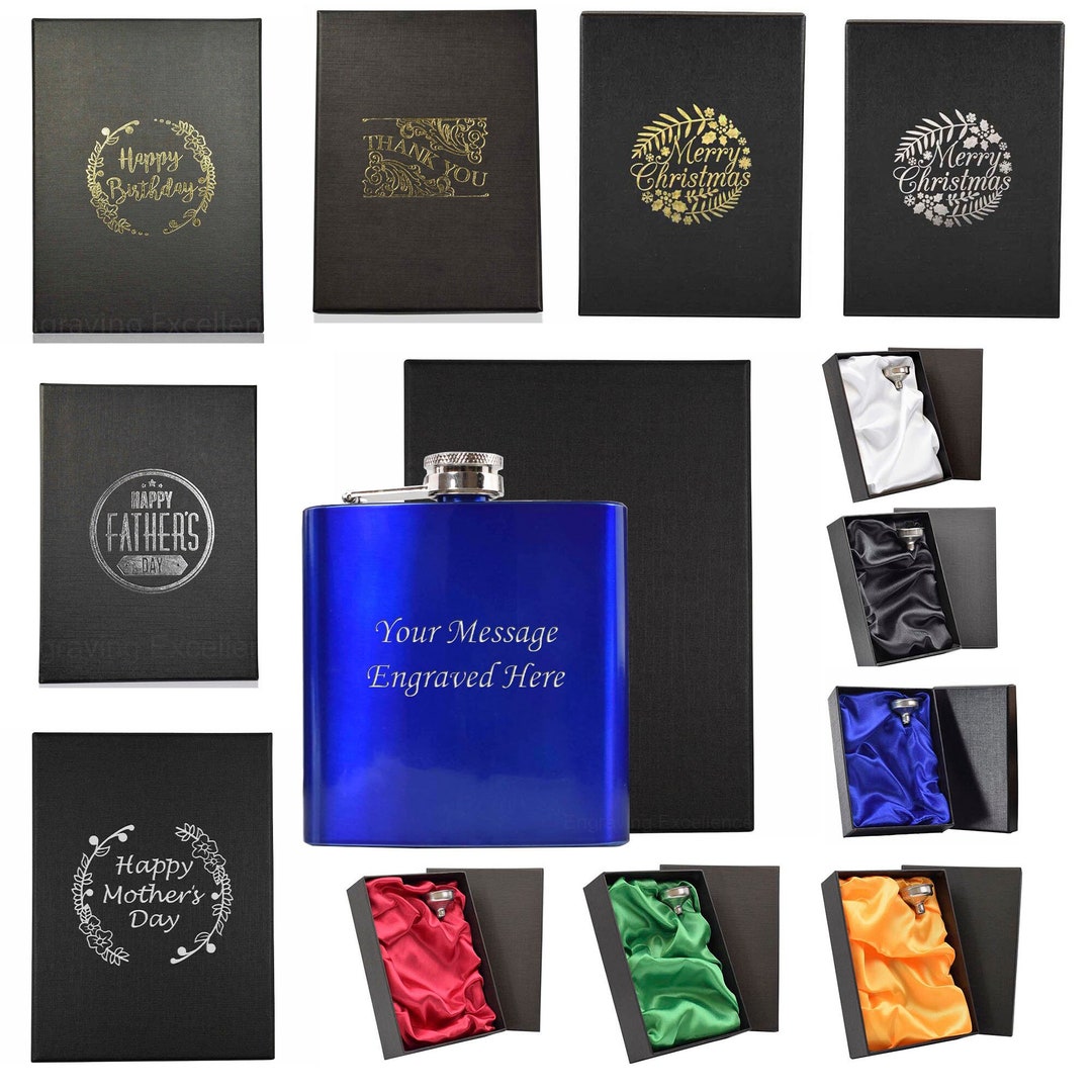Personalised Metallic Blue 6oz Hip Flask Gift Set Happy - Etsy