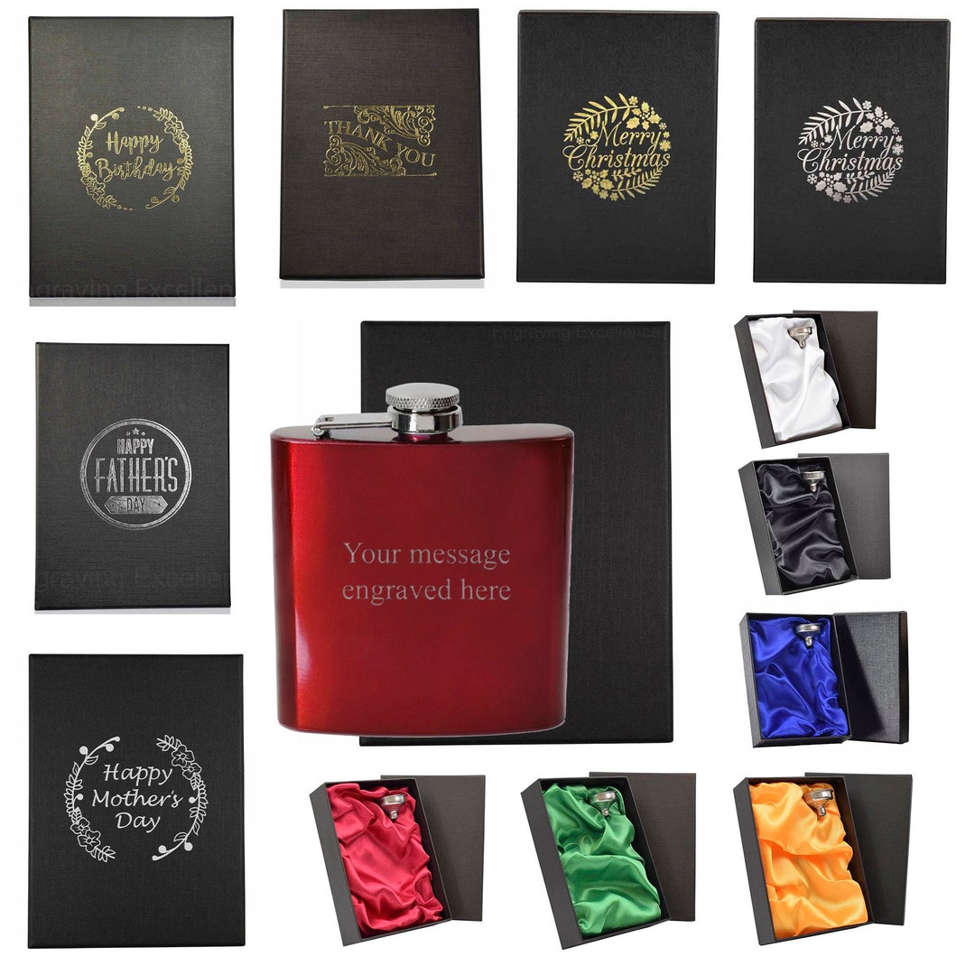 Personalised Metallic Red 6oz Hip Flask Gift Set Happy Birthday, Mother ...