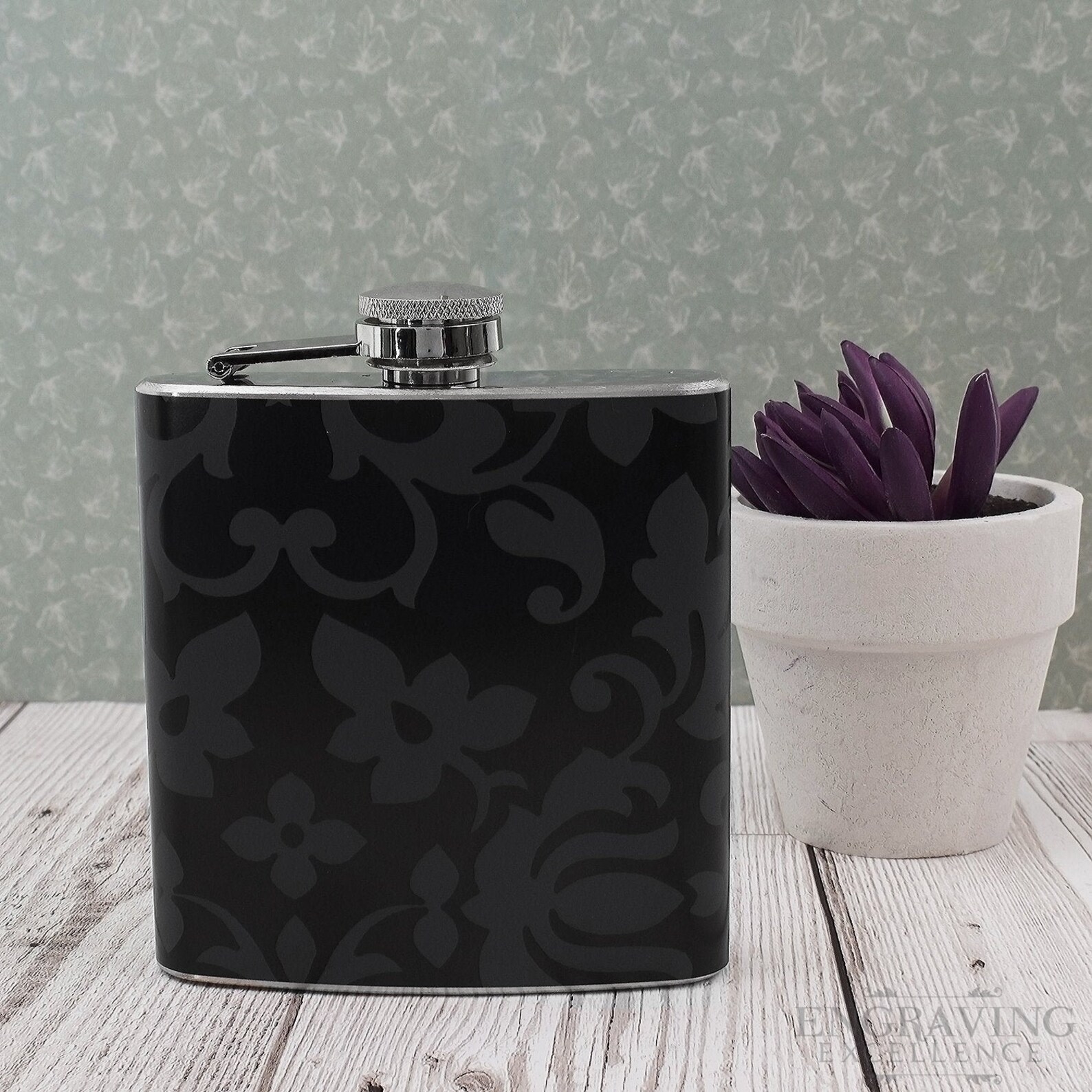 6oz Hip Flask Wrapped in Black Floral Vinyl Hip flask for | Etsy