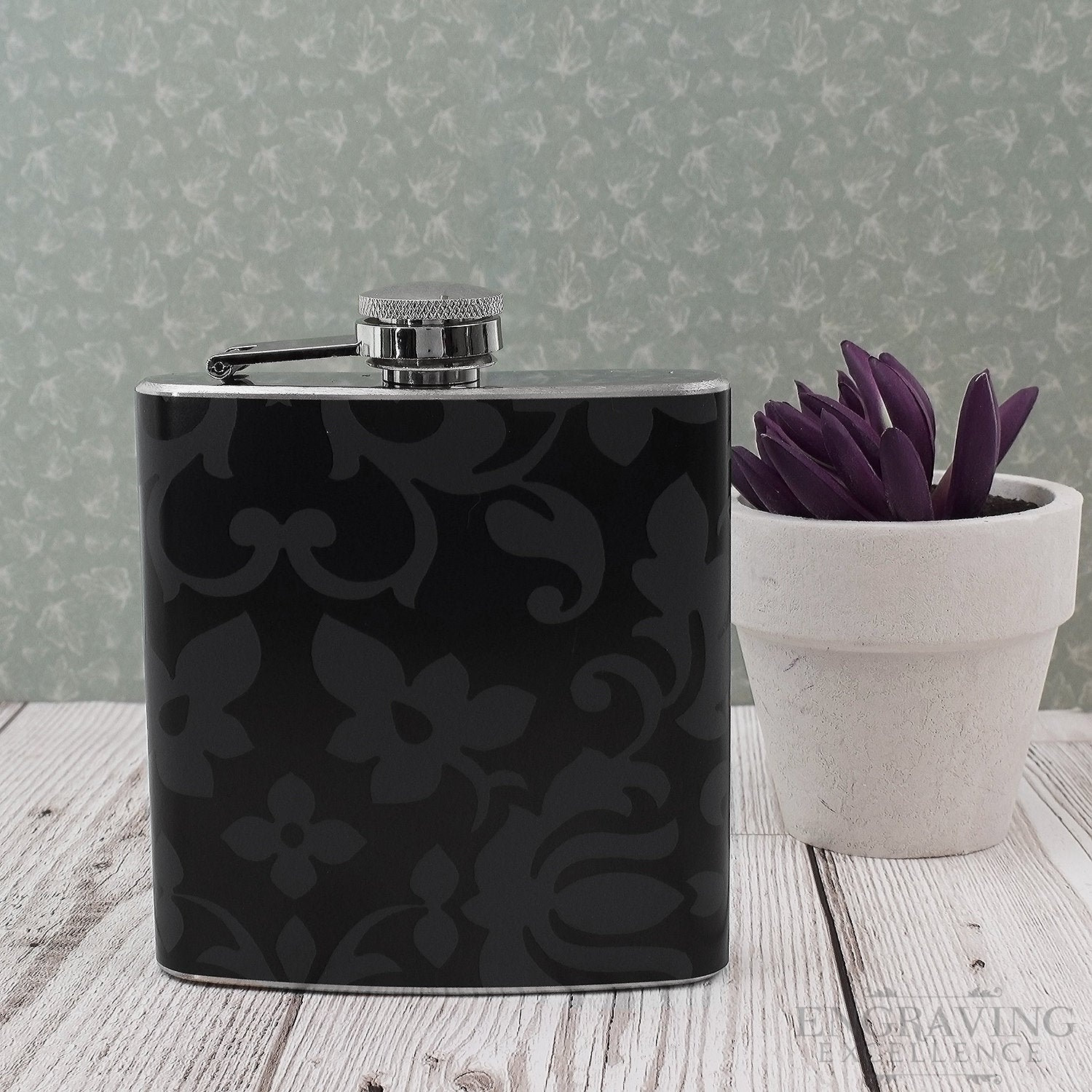 6oz Hip Flask Wrapped in Black Floral Vinyl Hip flask for | Etsy
