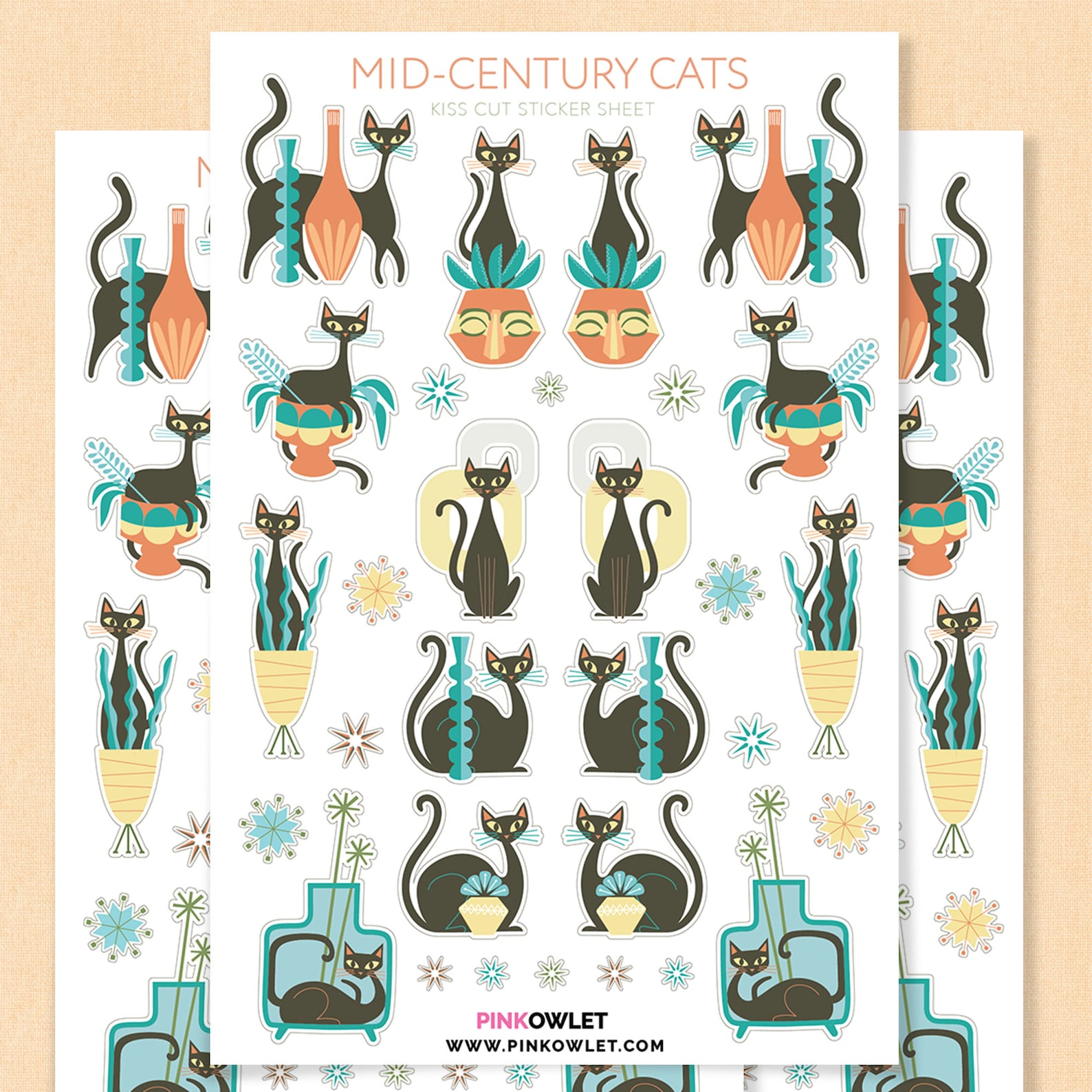 Mid-century Cats Kiss Cut Paper Sticker Sheet | Etsy