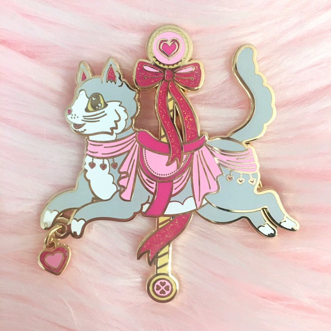 Carousel Cat Hearts Enamel Pin in Pink & Grey - Etsy