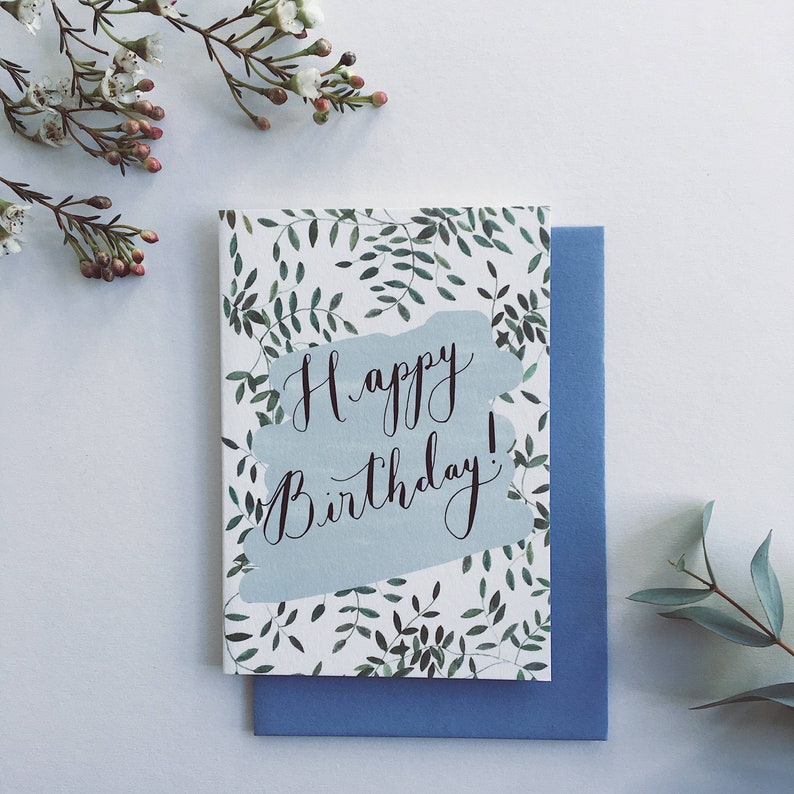 Happy Birthday Botanical Greetings Card - Illustrated Calligraphy ...
