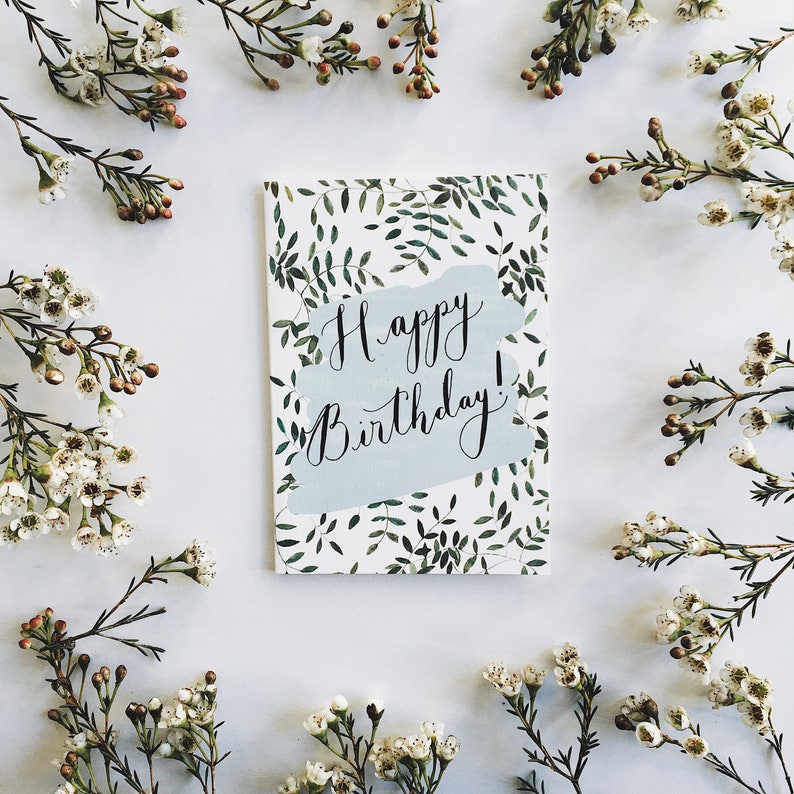 Happy Birthday Botanical Greetings Card - Illustrated Calligraphy ...