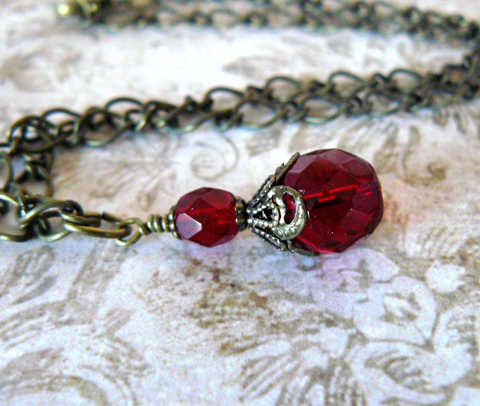 Garnet Vintage Inspired Necklace, Dark Red Victorian Glass Bead Pendant ...