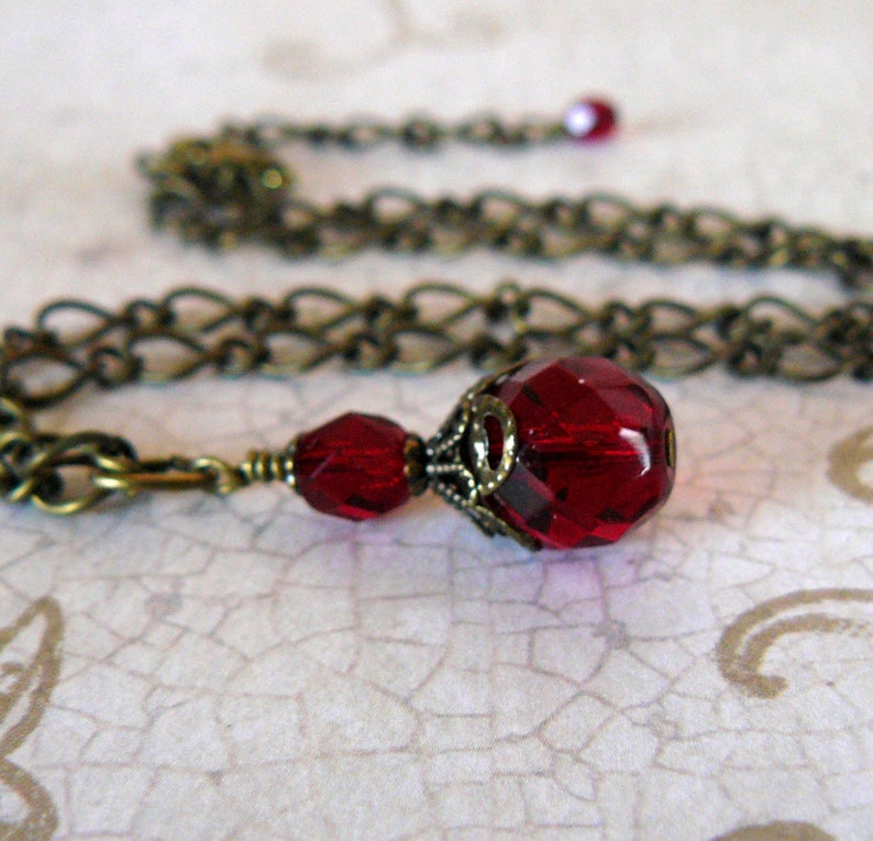 Garnet Vintage Inspired Necklace, Dark Red Victorian Glass Bead Pendant ...