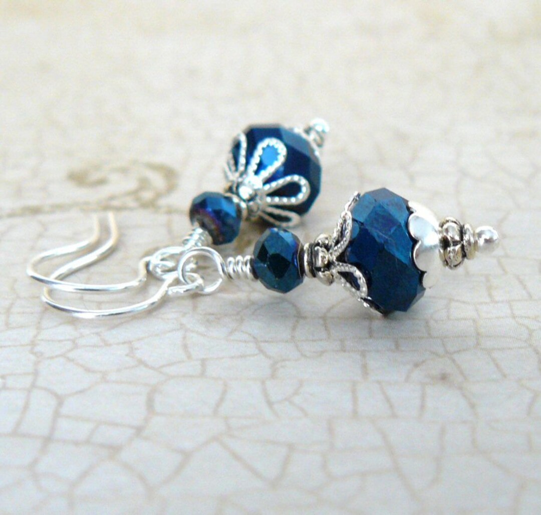 Small Blue Beaded Earrings, Iridescent Blue Faceted Glass Bead Dangles ...