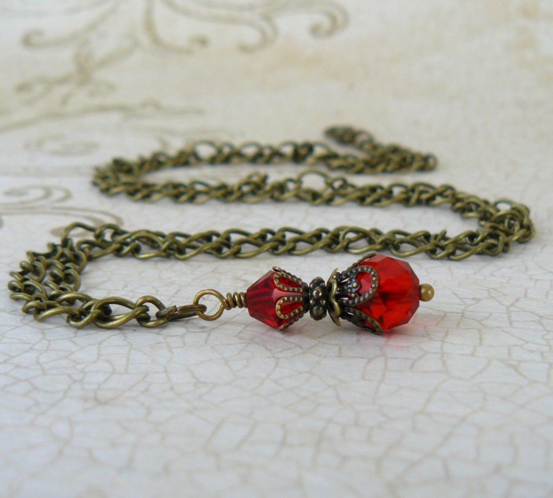 Red Crystal Necklace, Vintage Style Red Beaded Pendant, Victorian ...
